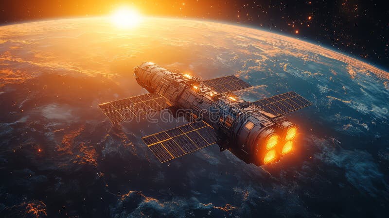 A Stunning View of a Spacecraft Orbiting Earth during a Vibrant Sunset ...