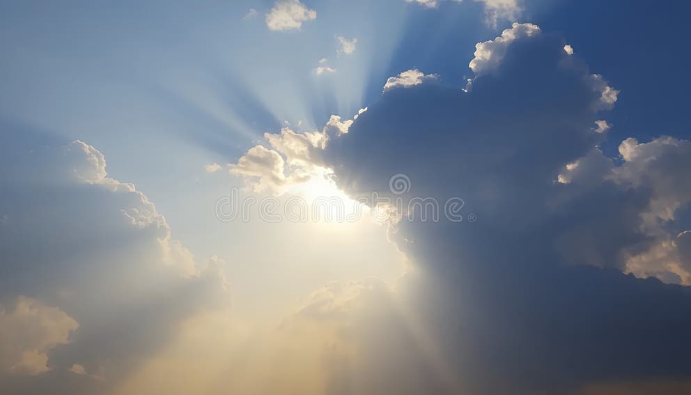 Sunlight Streaming through Clouds in Blue Sky with Dramatic Sun Rays ...