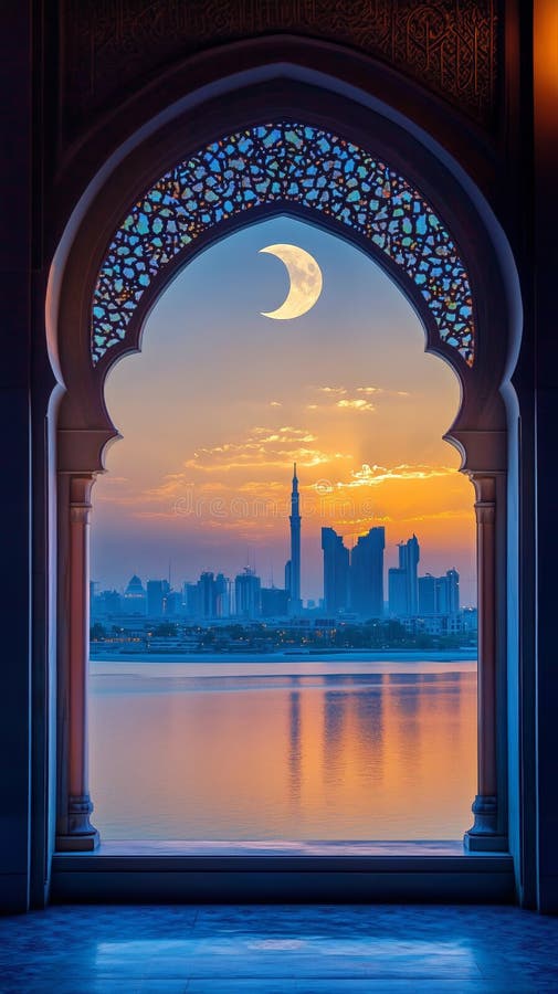 Beautiful Sunset Viewed through an Ornate Window with Crescent Moon ...