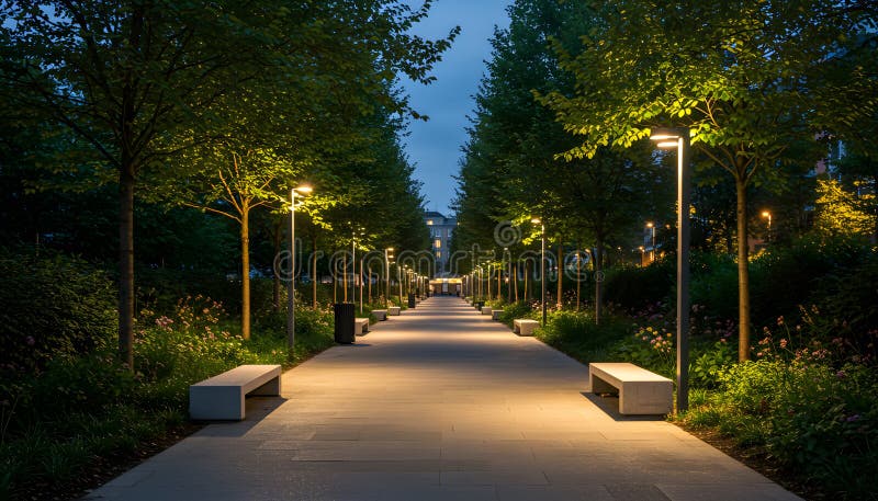 Beautifully Lit Pathway with Trees Benches and Modern Street Lamps ...