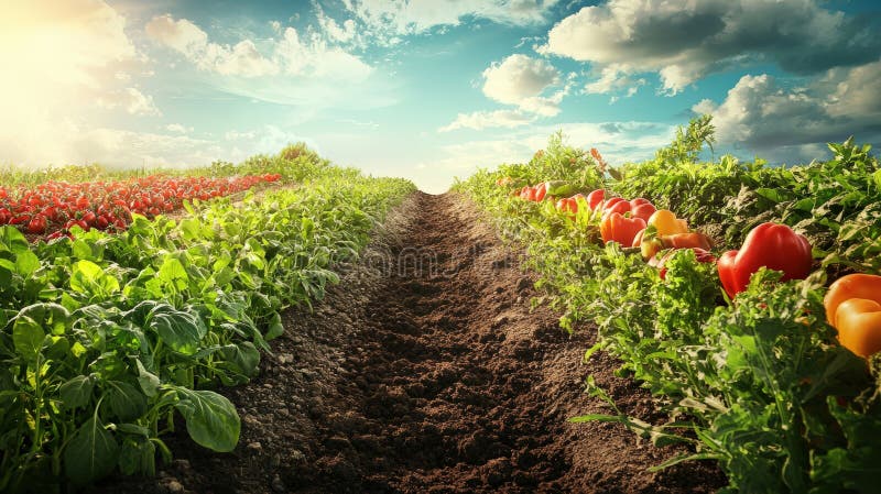 Vibrant Vegetable Field Under Bright Sky with Dramatic Clouds Stock ...