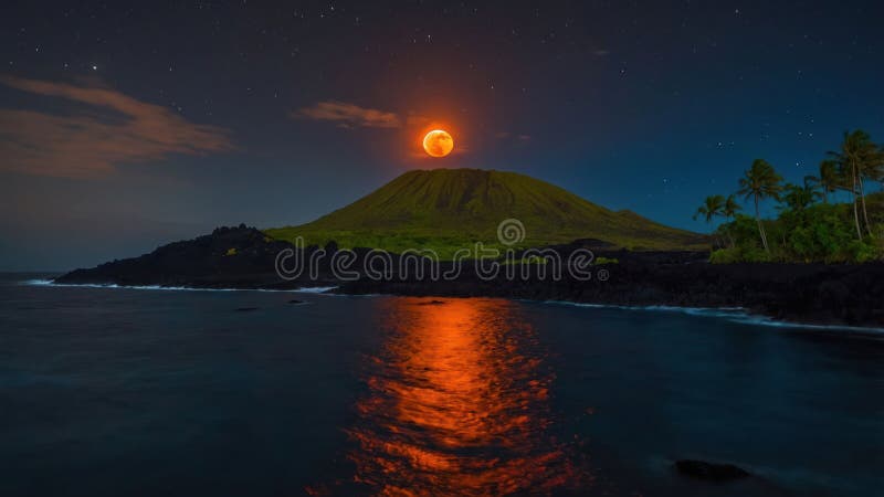 Spectacular Blood Moon Rising Over Volcanic Island at Night Stock ...