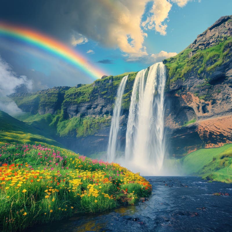 Stunning Views of Waterfalls and Rainbows in Spring with Lush Plants ...