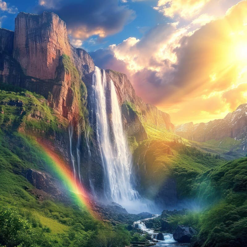 Stunning Views of Waterfalls and Rainbows in Spring with Lush Plants ...