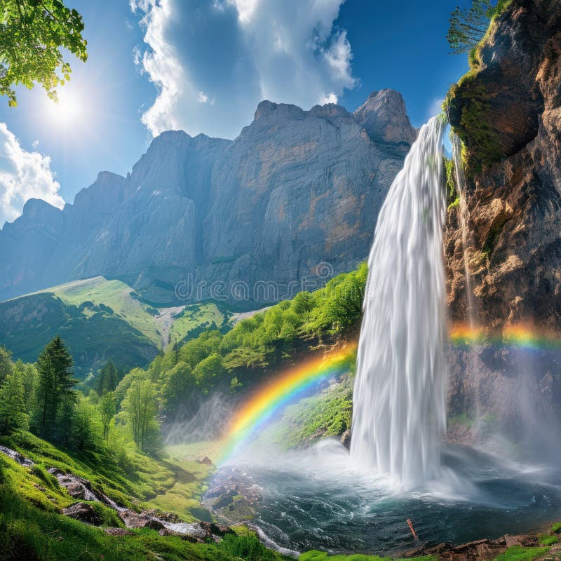 Stunning Views of Waterfalls and Rainbows in Spring with Lush Plants ...
