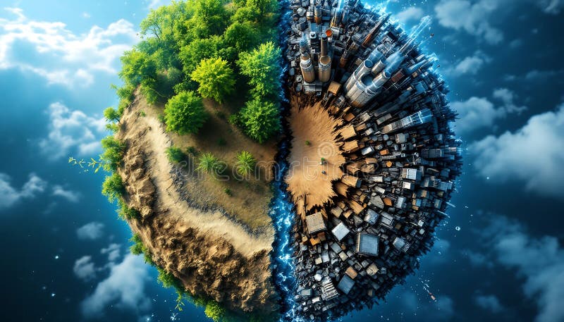 Nature Vs. City: a Divided Planet S Fate Stock Illustration ...