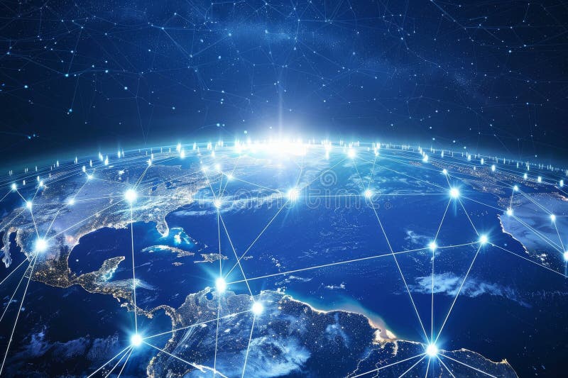 Global Network Connections Across the Earth with a Digital Grid Stock Illustration ...