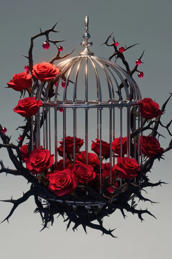 Elegant Red Roses in Silver Cage with Thorns Stock Illustration ...