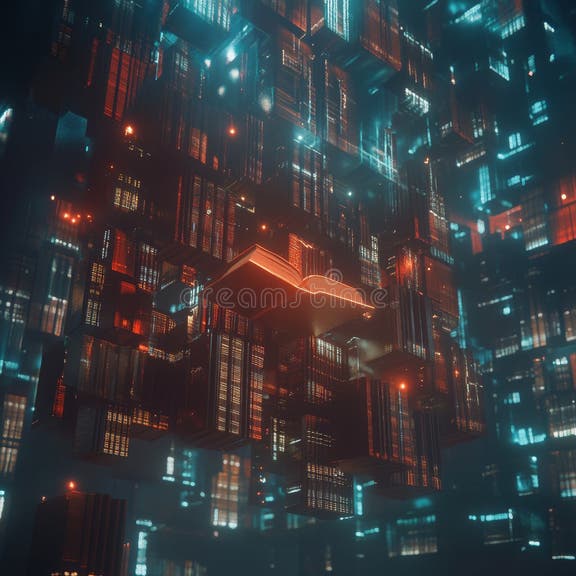 Futuristic Library with Floating Open Book Surrounded by Lights Stock ...