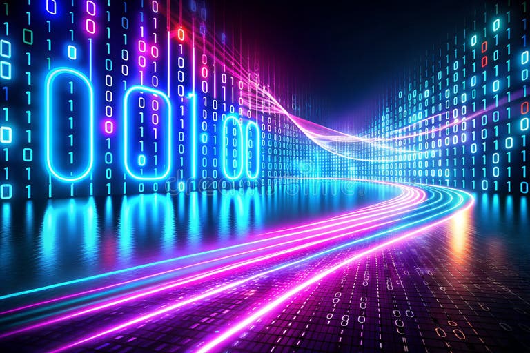 Neon Binary Code River – Futuristic Digital Flow Background Stock ...
