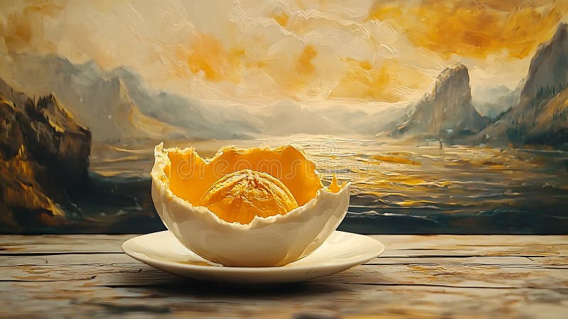 Stunning Visual of an Orange Fruit Nestled in a Cracked Egg Shell on a White Plate Against a ...