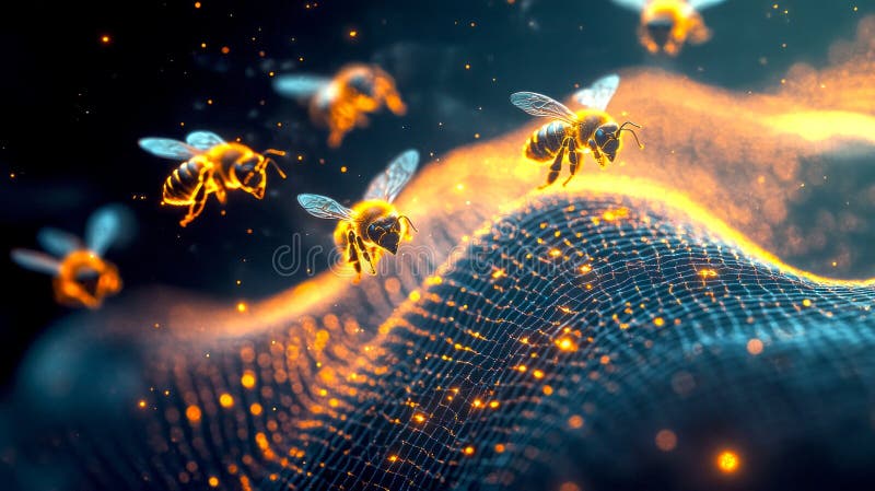 A Mesmerizing Scene Featuring Glowing Bees in Ethereal Environments ...
