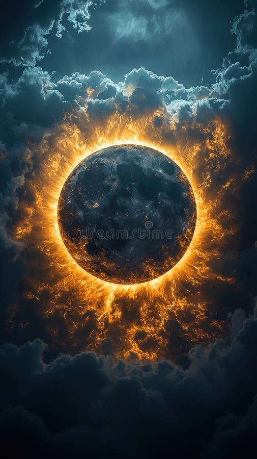Solar Eclipse with Glowing Fiery Corona in Dark Sky Stock Photo - Image ...