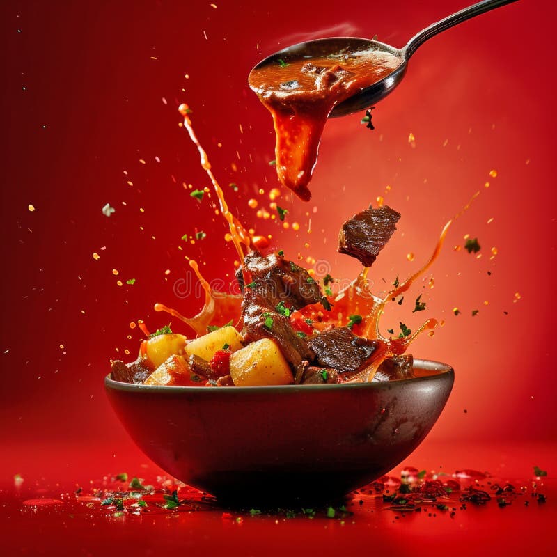 Vibrant Explosion of Delicious Stew Over a Bowl Against a Red ...