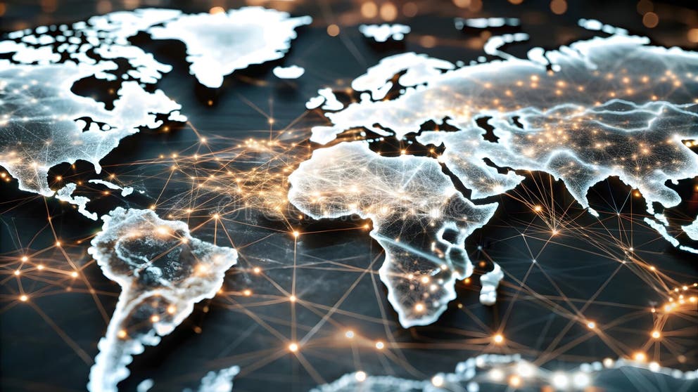 Global Network Connections: Illuminated World Map Showing ...