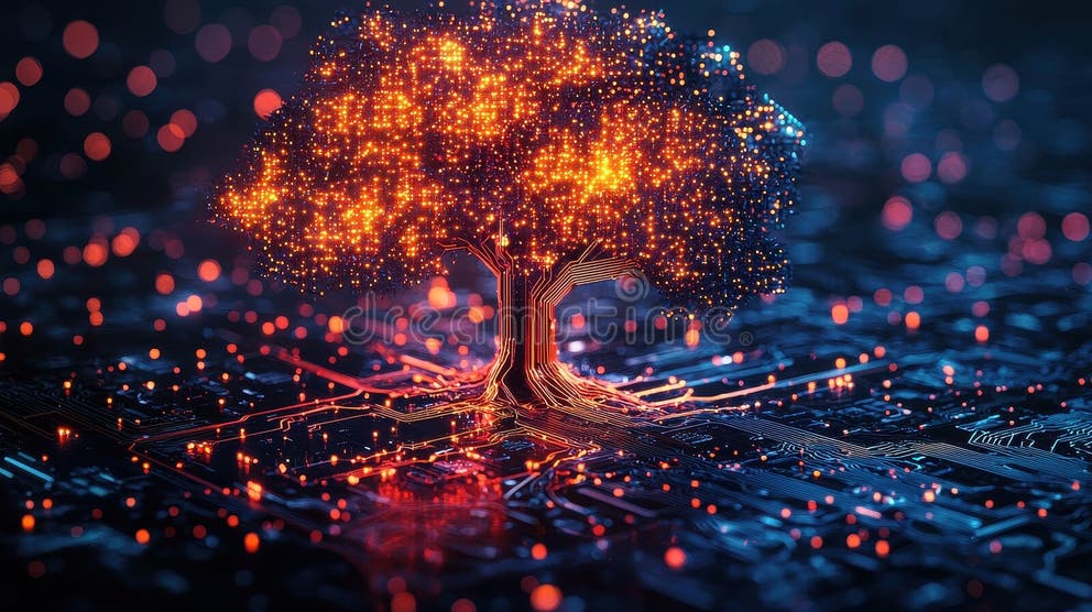 Glowing Digital Tree Over a Circuit Board Landscape Stock Photo - Image ...