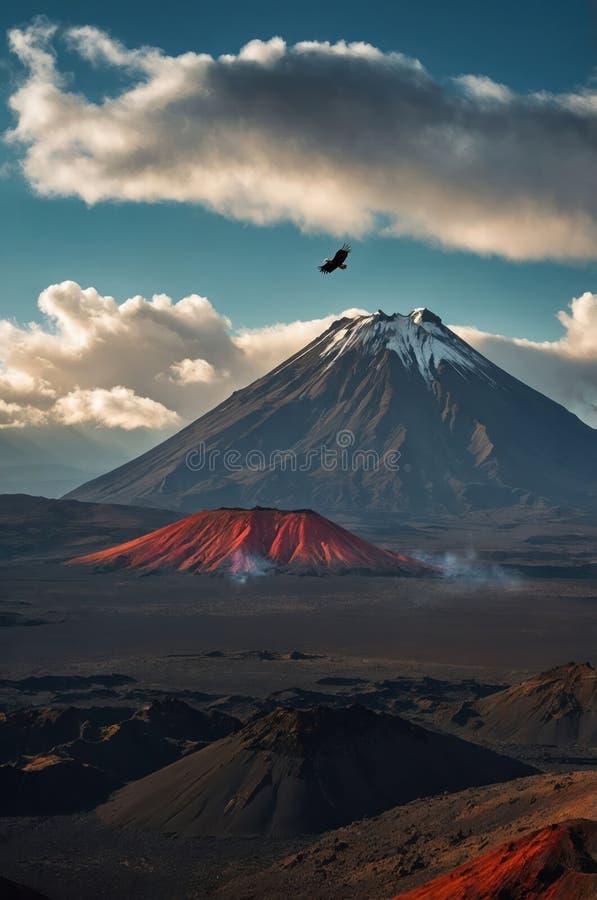Majestic Andean Volcano with Condor in Flight, Dramatic Landscape Stock ...