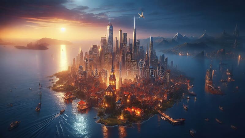 Futuristic Medieval Cityscape at Sunset - AI Generated Illustration ...