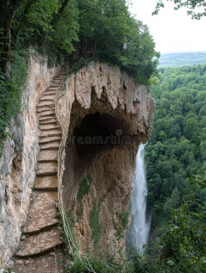 A Stunning Waterfall Cascades from a Cliffside with a Pathway and Cave ...