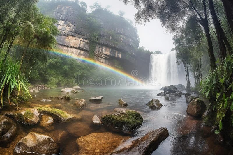 Majestic Waterfall with Rainbow Reflections Stock Illustration ...