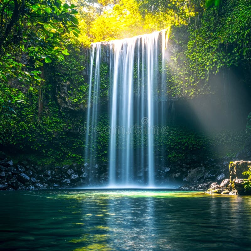 A Stunning Waterfall Cascades Down into a Tranquil Pool Surrounded by ...