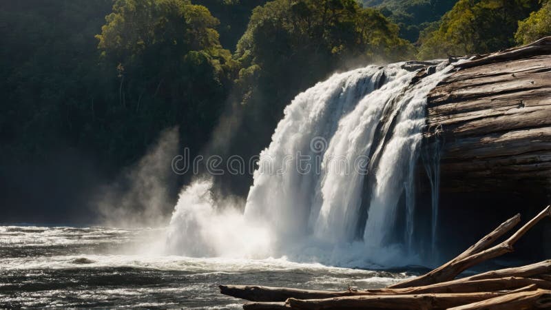 Powerful Waterfall Cascading Over Giant Log, Lush Green Forest ...
