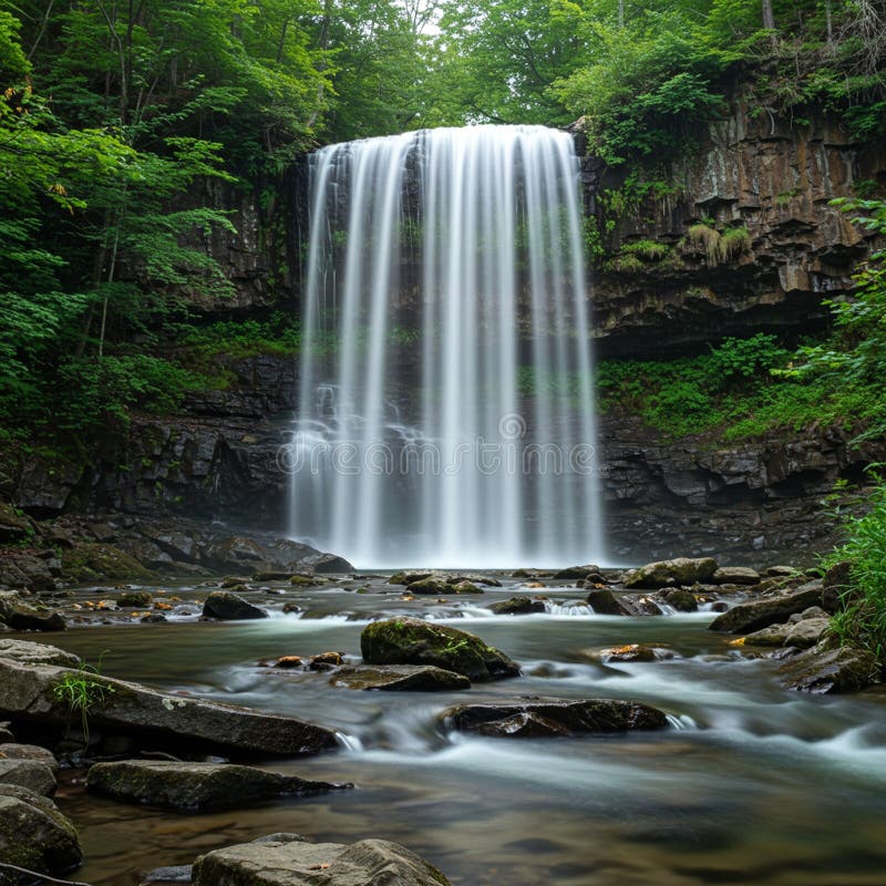 A Stunning Waterfall Cascades Over a Rocky Ledge in a Lush Forest ...