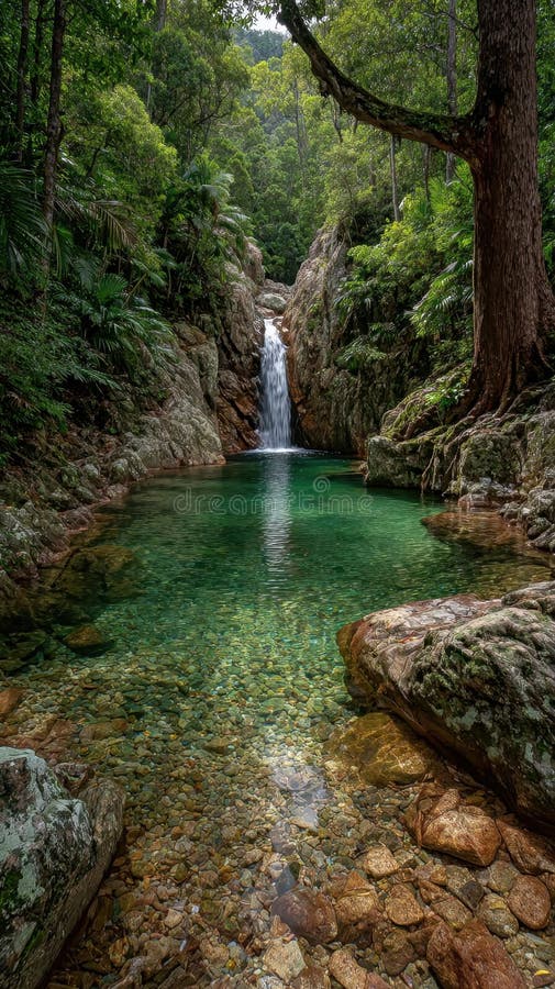 A Stunning Waterfall Cascades into a Tranquil Emerald Pool, Creating a ...