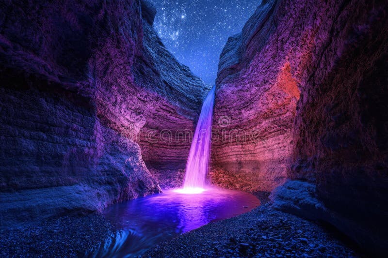 A Stunning Waterfall Flows between Dramatic Rock Formations at Night ...