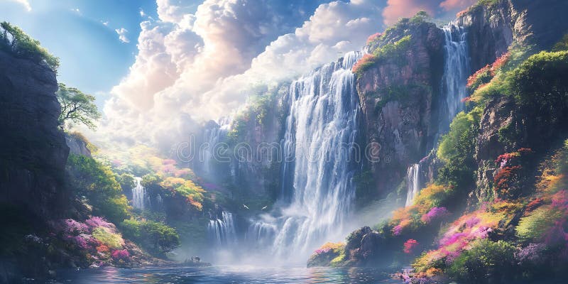 Stunning Waterfall Landscape Anime Art Wallpaper Stock Illustration ...