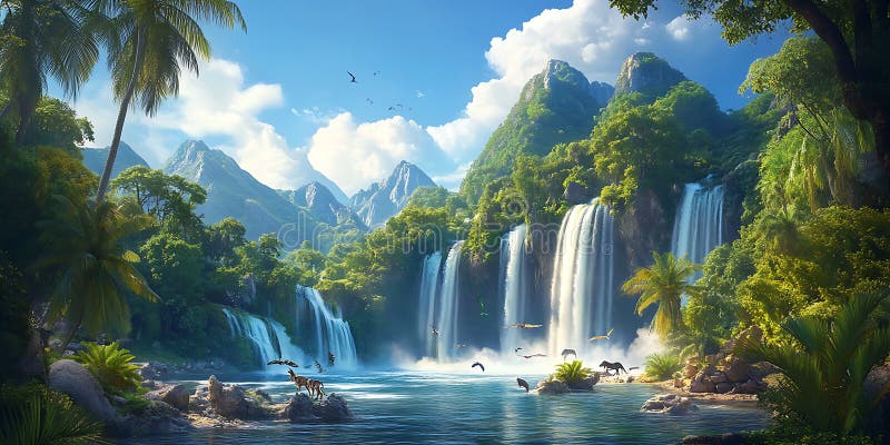 Stunning Waterfall Landscape Tropical Paradise Background Image Stock ...