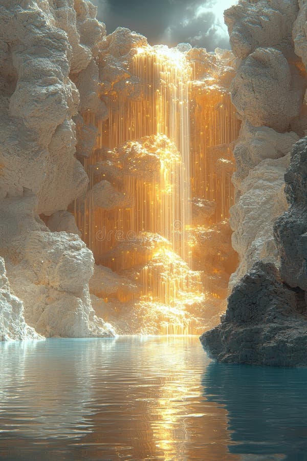 Stunning Waterfall of Liquid Gold Cascades into Serene Pool, Surrounded ...