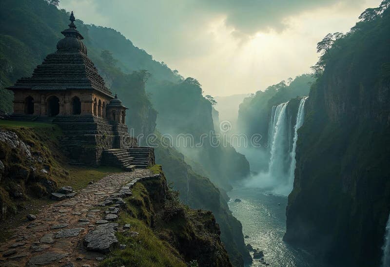 Majestic Waterfall Cascades Near Ancient Temple Under Dramatic Clouds ...