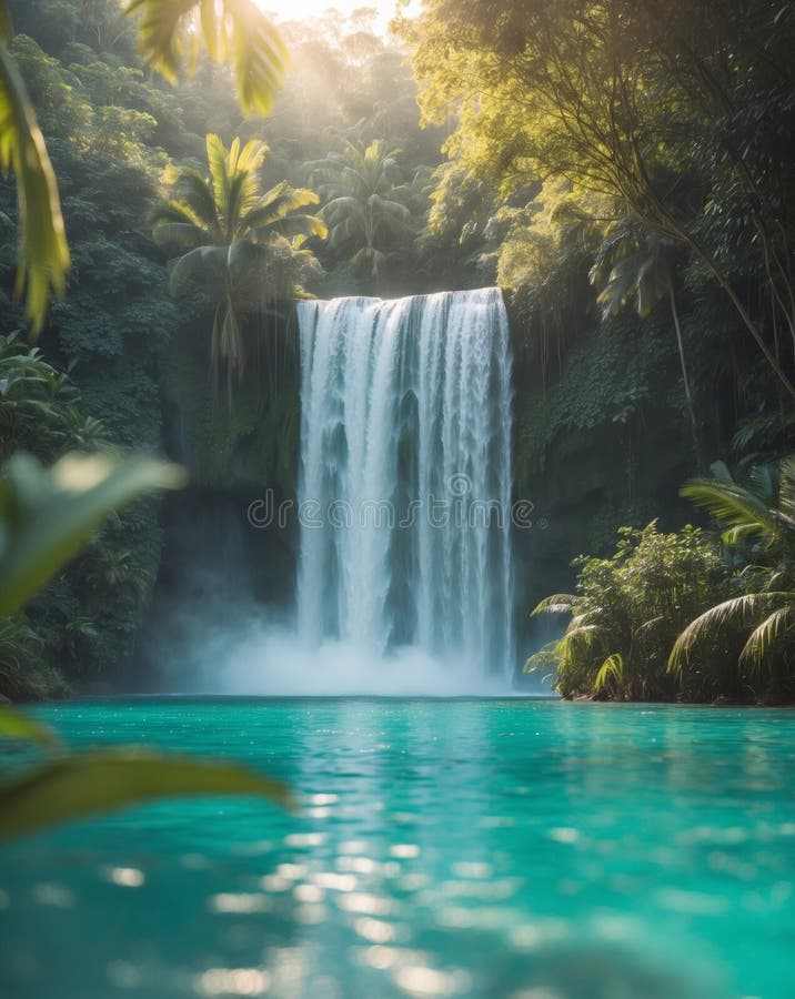 Stunning Waterfall and Turquoise Pool with Sunlight in Tropical ...