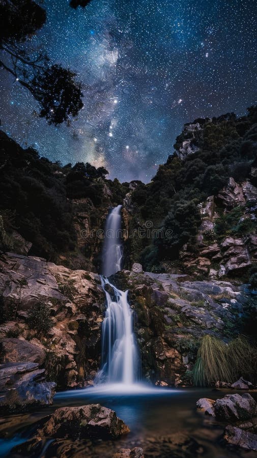Stunning Waterfall Under Starry Night Sky Stock Illustration ...
