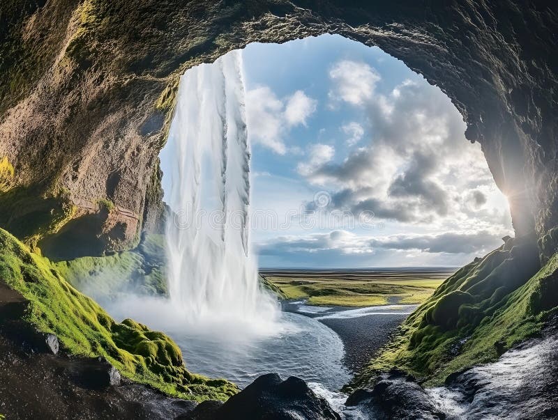 A Stunning Waterfall Viewed from Inside a Cave Stock Photo - Image of ...