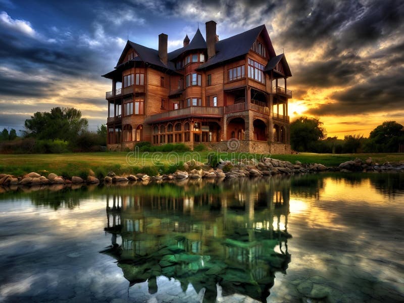 Stunning Waterfront House at Sunset Stock Image - Image of sunset ...