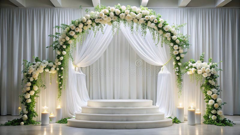 Stunning White Floral Wedding Arch with Draped Fabric and Steps Elegant ...