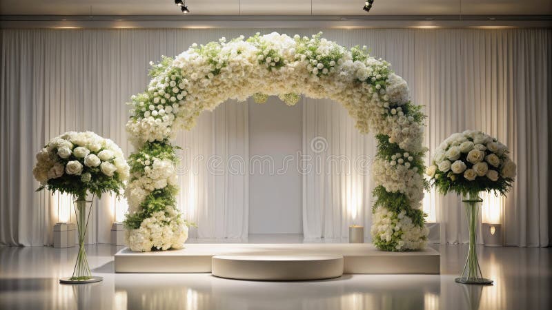 Stunning White Hydrangea Wedding Arch on Empty Ceremony Stage Elegant ...