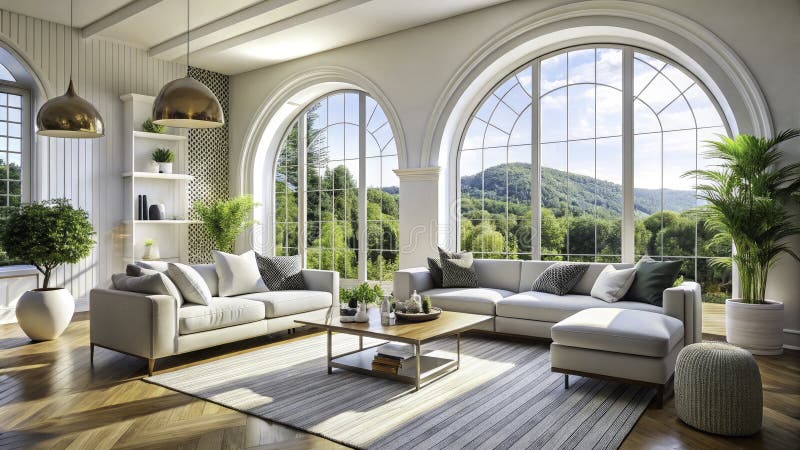 Stunning White Living Room with Arch Wall: a Panoramic 3D Render of ...