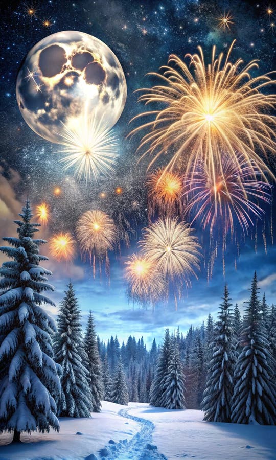 Stunning Winter Landscape Featuring Illuminated Fireworks and a Glowing ...