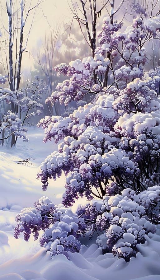 Stunning Winter Landscape Featuring a Lilac Bush Adorned with a ...