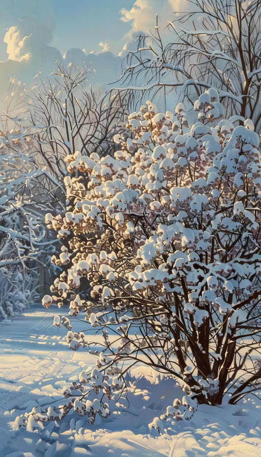 Stunning Winter Landscape Featuring a Lilac Bush Adorned with a Soft ...