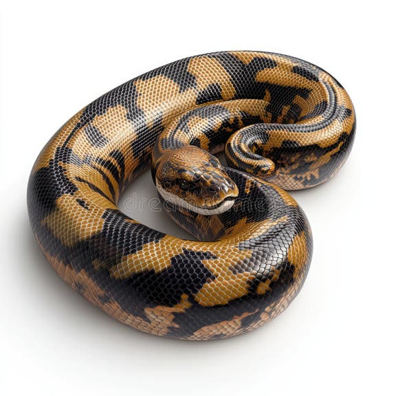 Stunning Yellow and Black Python Snake Coiled on White Background Stock ...