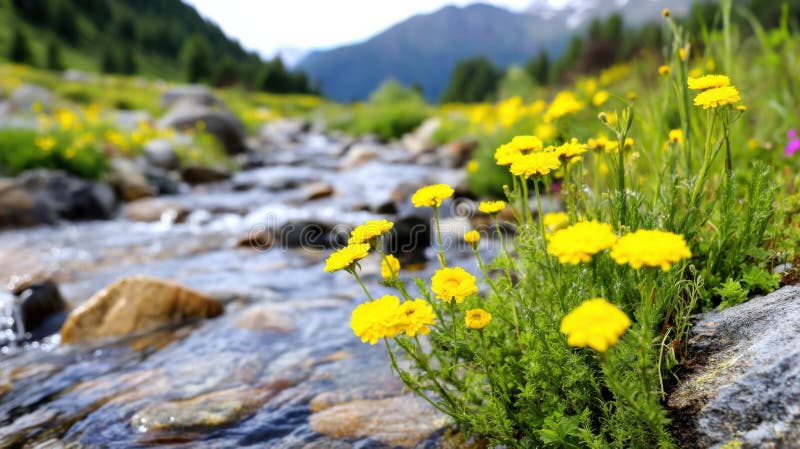 Stunning Yellow Flowers by a Mountain Stream Stock Illustration ...