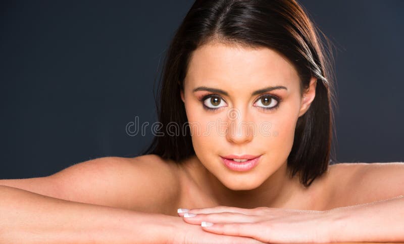 Stunning Young Beautiful Woman Close Up Portrait Head Shoulders Stock