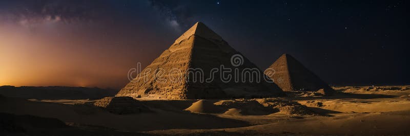 Stunningly Beautiful Pyramids of Giza, Egypt, Night Stock Illustration ...