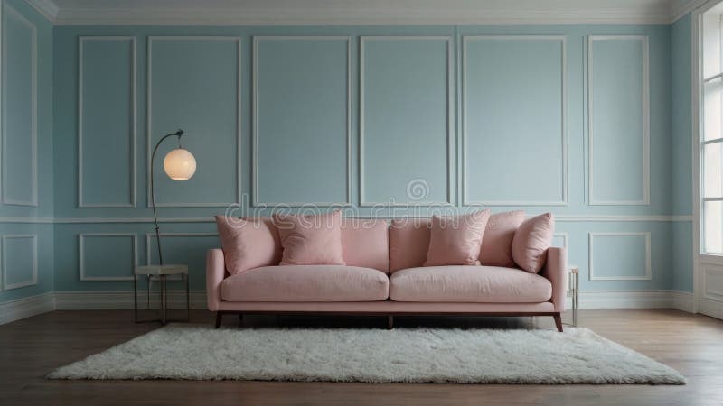 Stunningly Elegant Living Room Featuring a Soft Pink Sofa and Modern ...