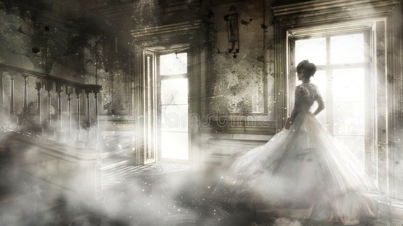 A Stunningly Ethereal Apparition in a Haunted House Stock Illustration ...