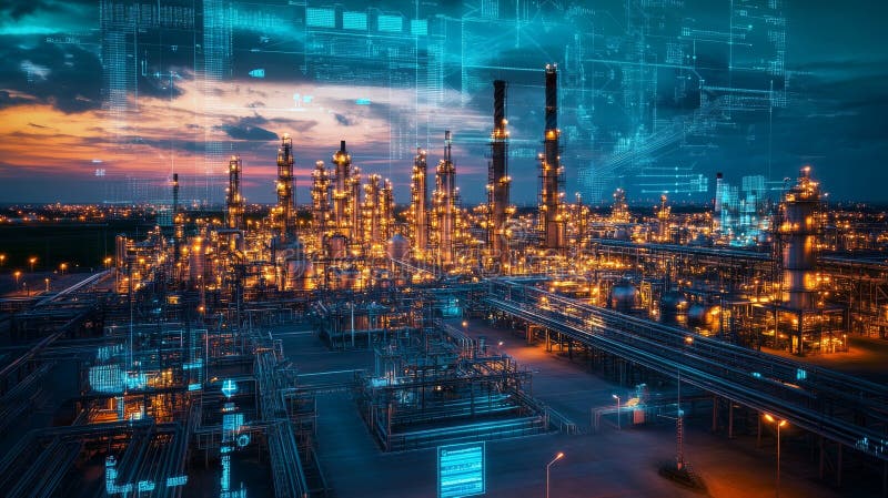 Stunningly Illuminated Industrial Complex at Dusk Featuring a ...